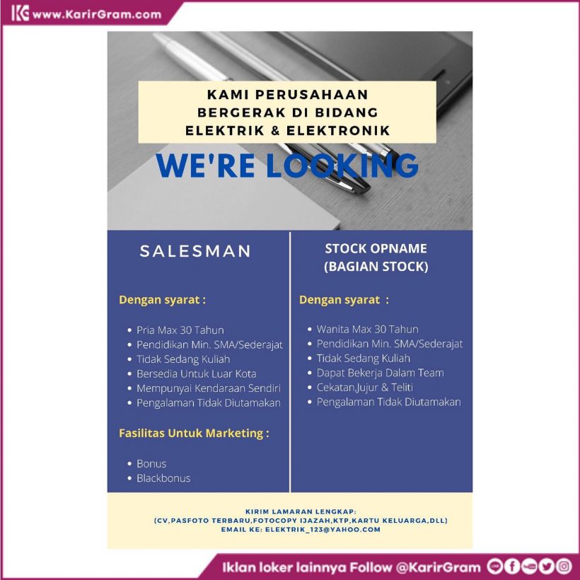 Lowongan Kerja SALESMAN & STOCK OPNAME (Bagian Stock) Kami Perusahaan yang bergerak – Medan Ku