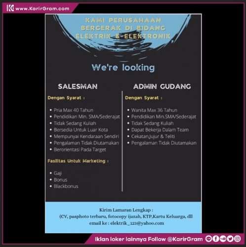 Lowongan Kerja SALESMAN Dan ADMIN GUDANG Kami perusahaan yang bergerak di bidang – Medan Ku