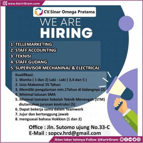 WE ARE HIRING 1. TELLEMARKETING 2. STAFF ACCOUNTING 3. TEKNISI 4. STAFF – Medan Ku