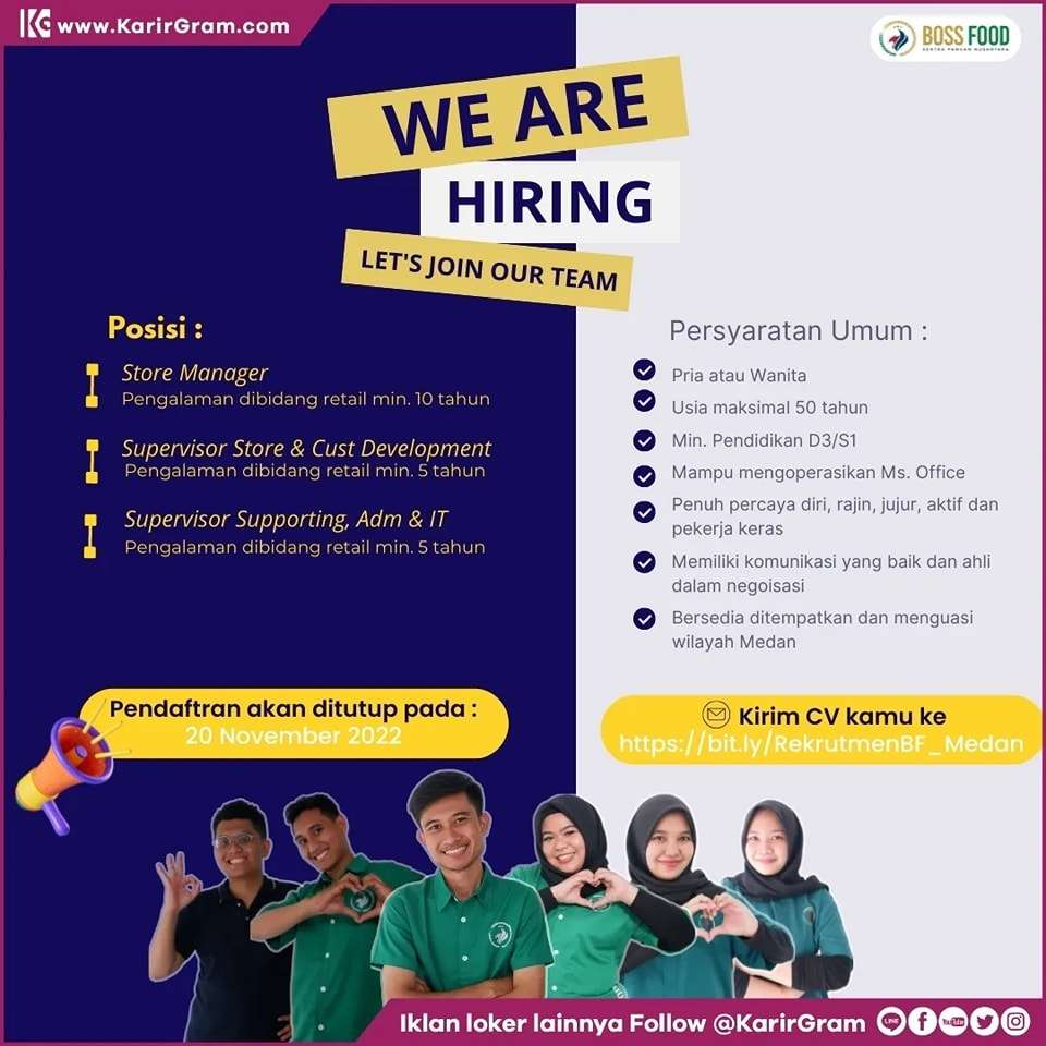 LOWONGAN KERJA BOSS FOOD Medan We Are Hiring Store Manager – Medan Ku